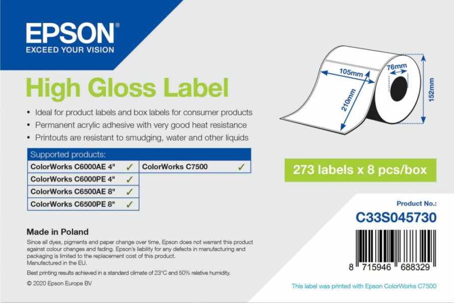 Epson High Gloss Paper Labels 8x Rolls 105x210mm for CW-C6000 CW-C6500 ...